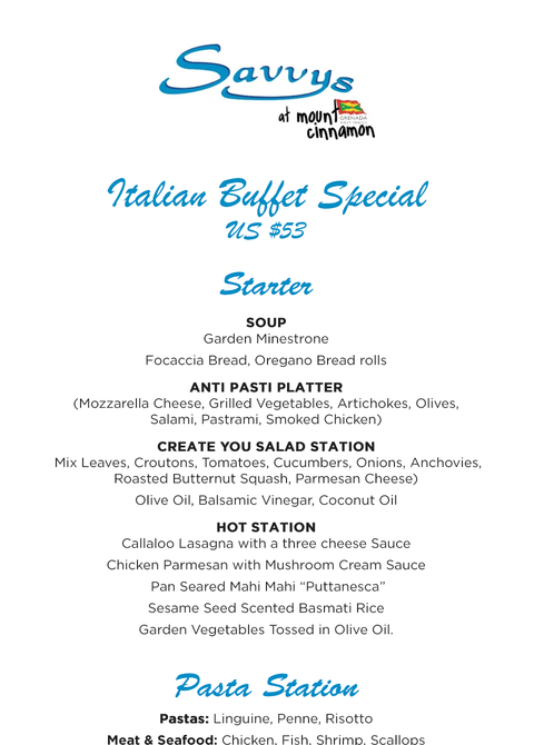 Italian Buffet Menu - Mount Cinnamon DEC2018